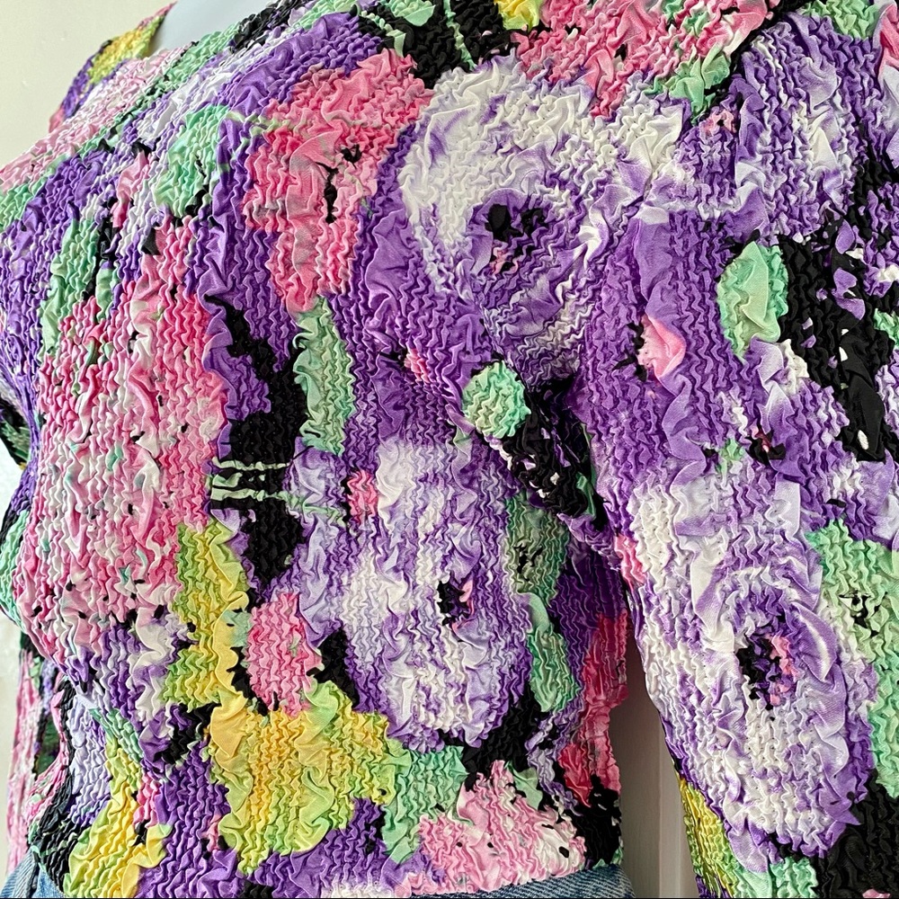 Vtg Y2k Pastel Floral Print Popcorn Crinkle Textured … - Gem